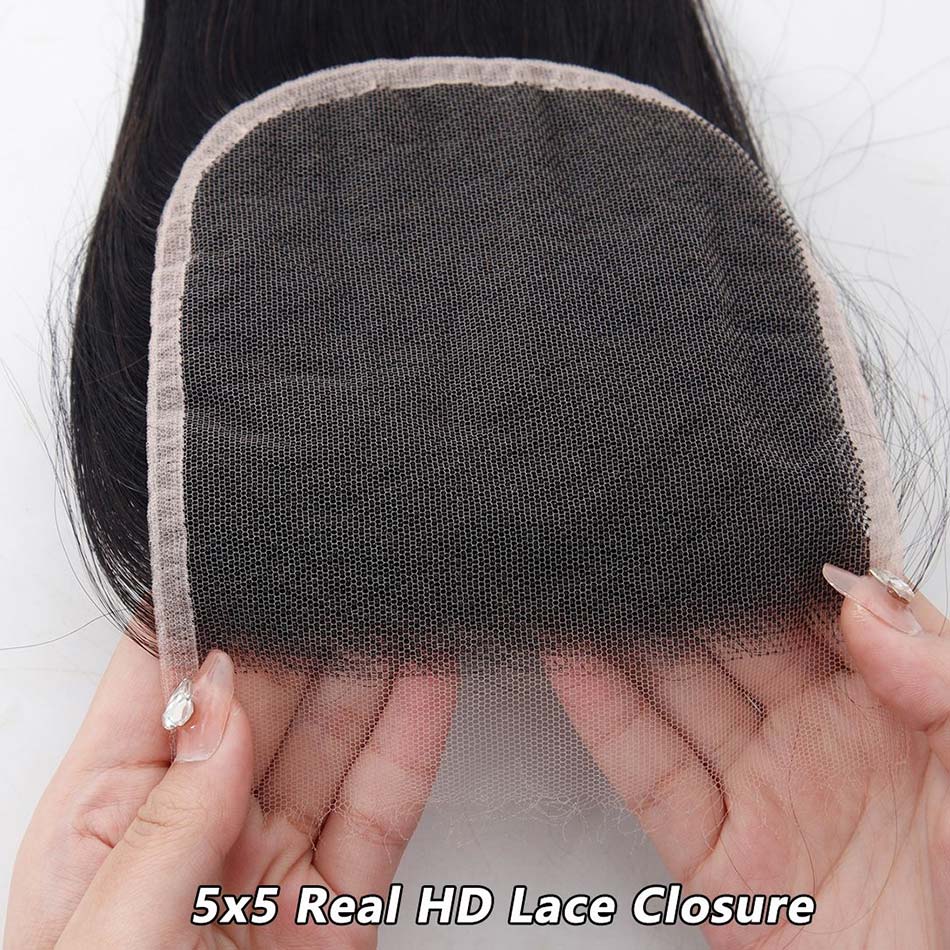 5x5 HD Lace Closure With Brazilian Water Wave 3 Bundles Human Hair Bun ...